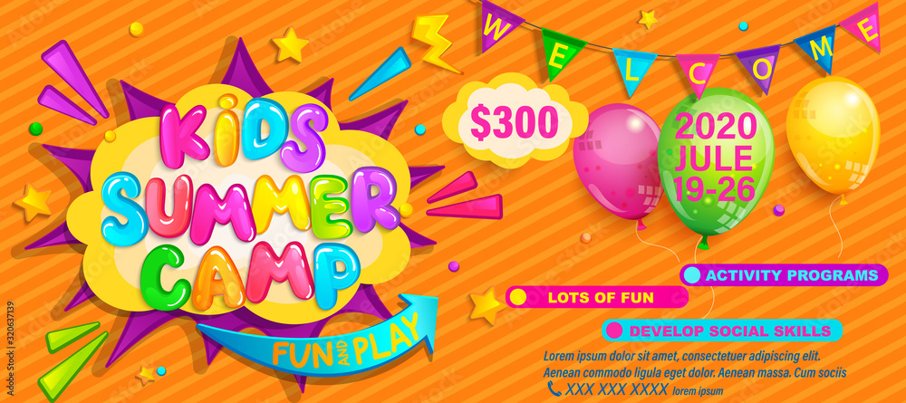 Kids Summer camp flyer, invitation banner. Welcome poster with flags ...