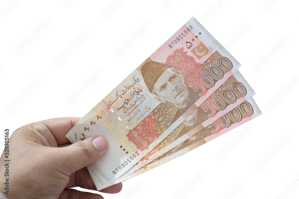 Pakistani 5000 Note hold in hand, Isolated on white background Stock ...