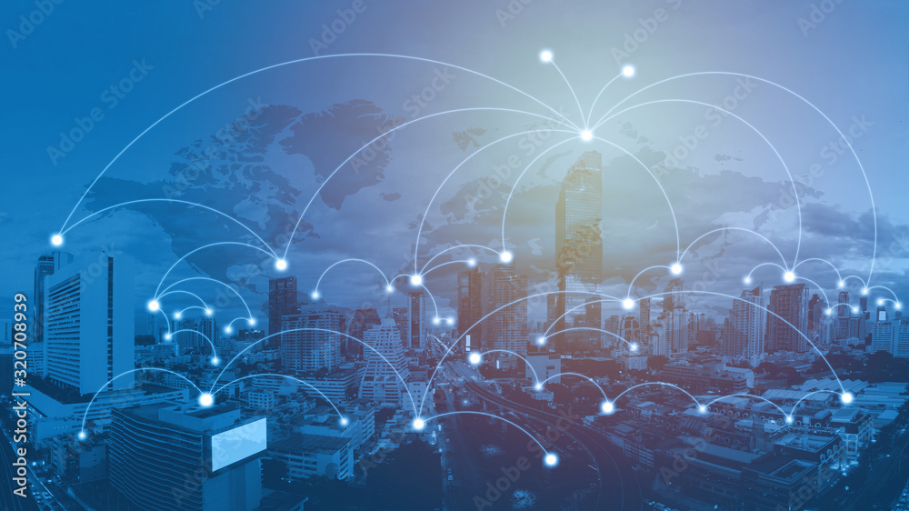 Global network coverage world map with Bangkok city background at night ...