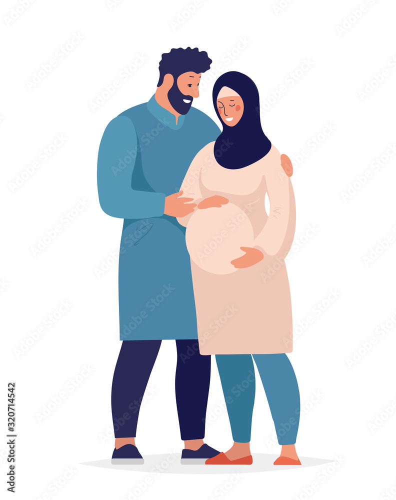Muslim family awaiting the birth of a child. A pregnant woman in a ...