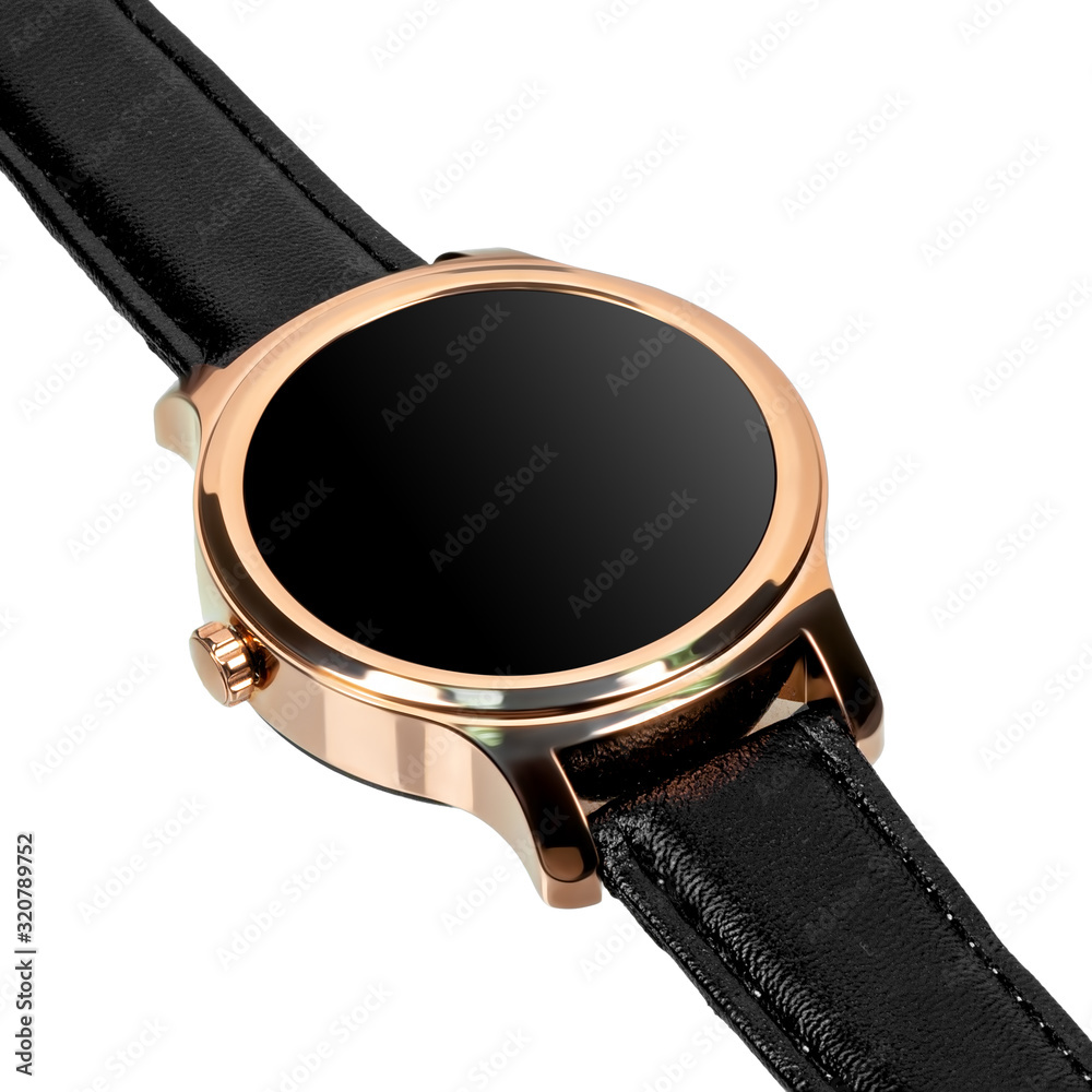Wireless smart watch in a round shiny gold case and a black leather ...