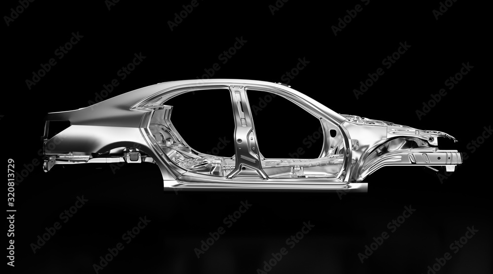 Side view of production sedan car stainless steel or aluminium body and ...