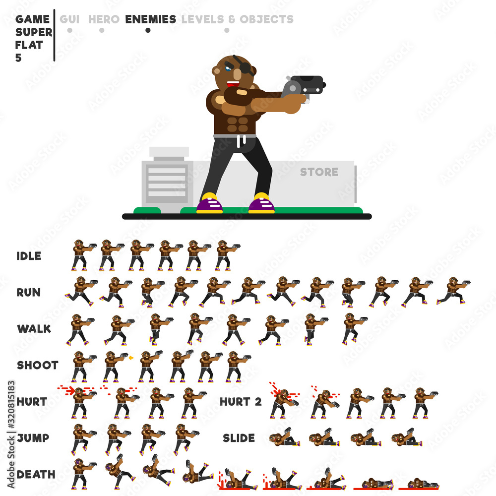 Animation of a sporty guy with a pistol for creating a video game Stock ...