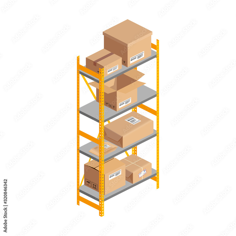 Isometric warehouse rack with boxes isolated on white. 3d metallic ...