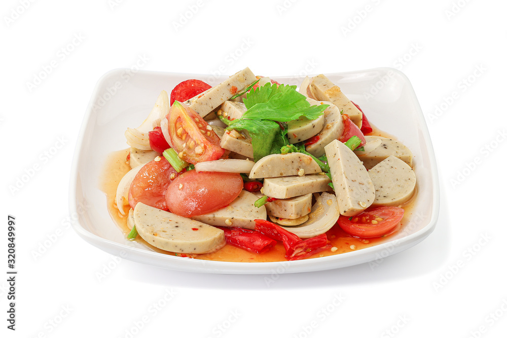 Spicy Vietnamese Sausage Salad - Yum Moo Yor isolated on white ...