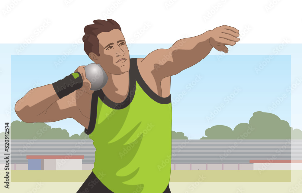 shot put male athlete in position to throw ball with stadium in ...