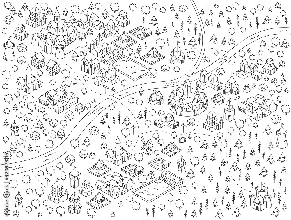 Medieval city, fantasy area map sketch kit. Mountain river and village ...