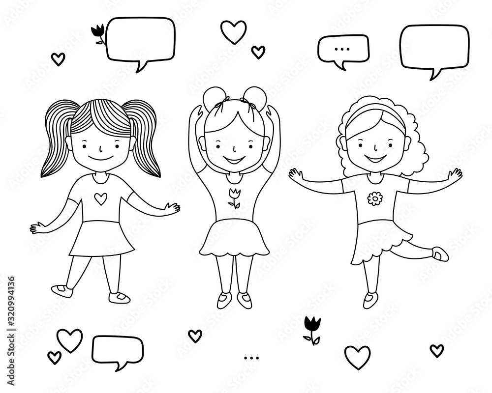 Cute happy little girls dancing. Cartoon style. Black and white contour ...