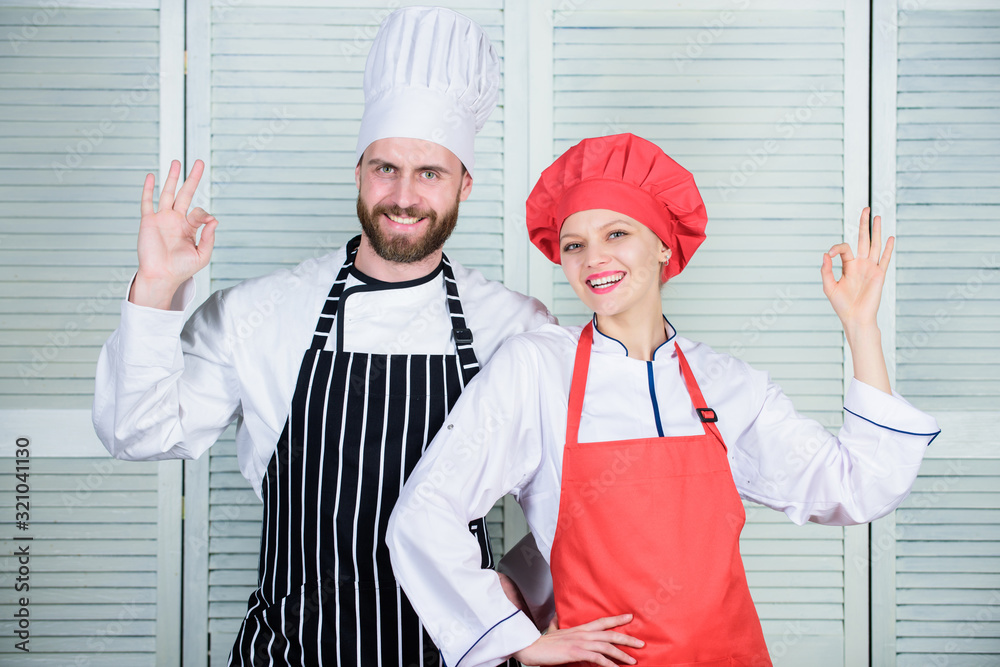 Secret ingredient is love. man and woman chef in restaurant. Menu ...