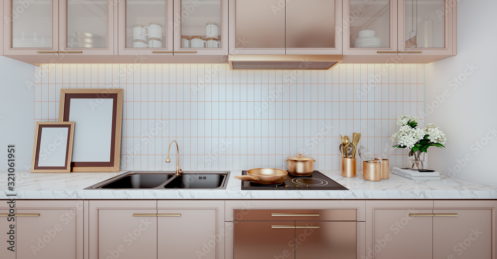 Rose gold color kitchen interior with a tiled wall,white countertops.A ...