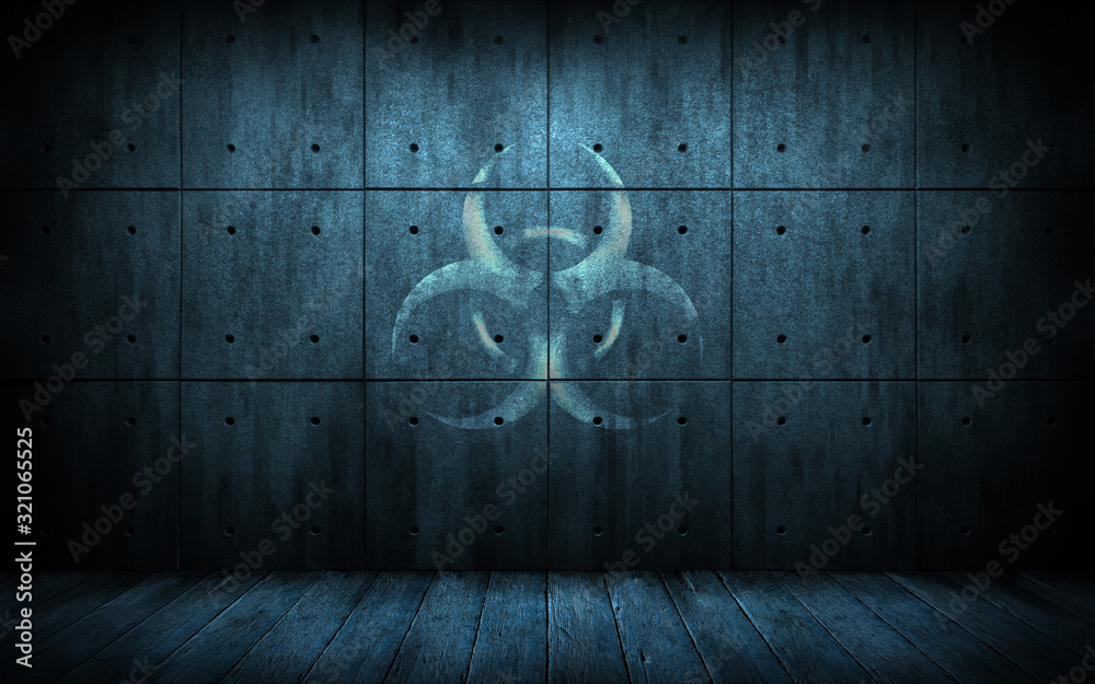Grunge industrial background with biohazard symbol. Dark room with ...