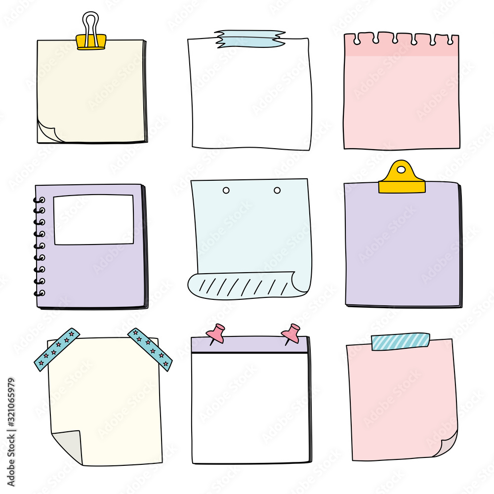 Hand drawn notepaper, doodle message sticky notes, vector/illustration ...