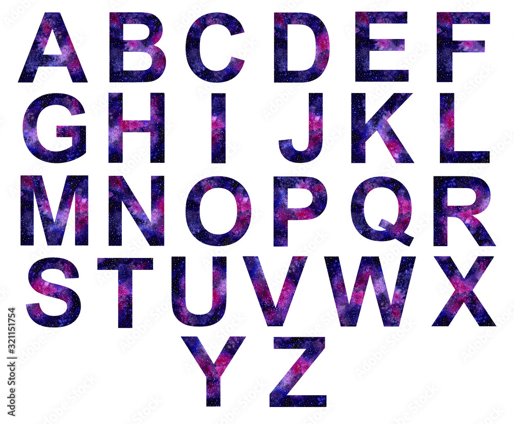 Cosmic watercolor alphabet. Isolated objects on white background. Hand ...