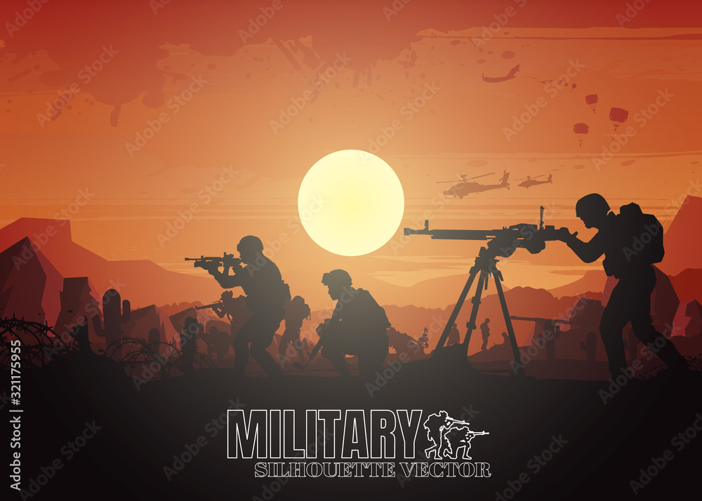 Military vector illustration, Army background, soldiers silhouettes ...