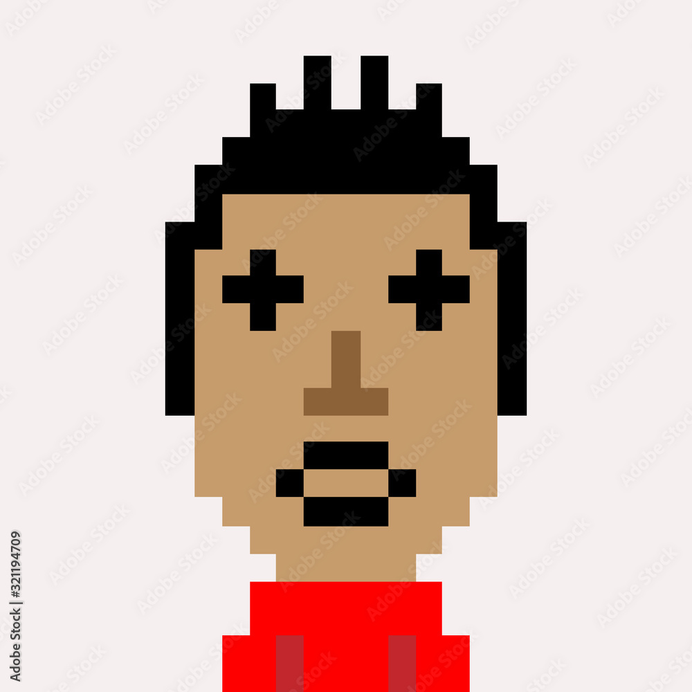 Red shirt man dizzy emoticon pixel art character 素材庫插圖 | Adobe Stock