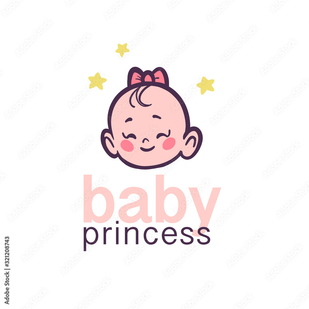 Baby logo with infant character head in bow tie smiling isolated on ...