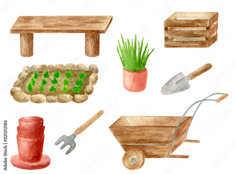 Watercolor gardening tools set. Hand drawn wooden box, shovel, garden ...