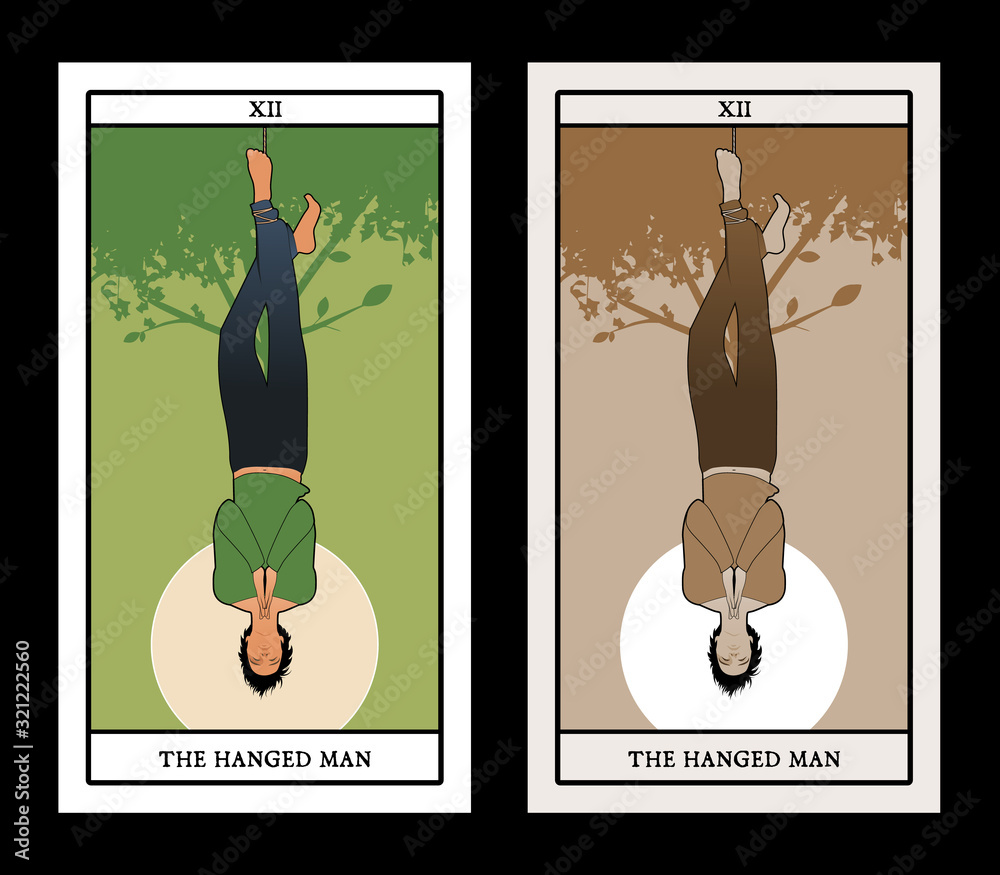 Major Arcana Tarot Cards. The Hanged Man. Man hanging from a tree, face ...