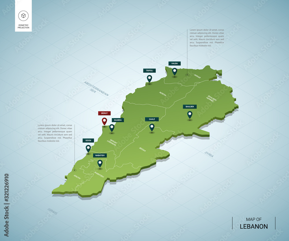 Stylized map of Lebanon. Isometric 3D green map with cities, borders ...