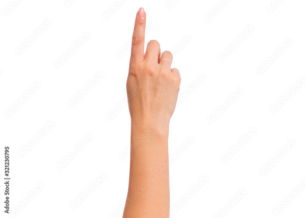 Female hand pointing something, isolated on white background. Beautiful ...