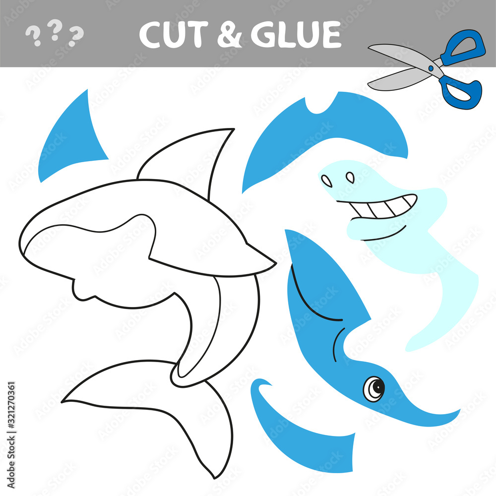 Educational paper game for children. Cut and glue cartoon shark ...