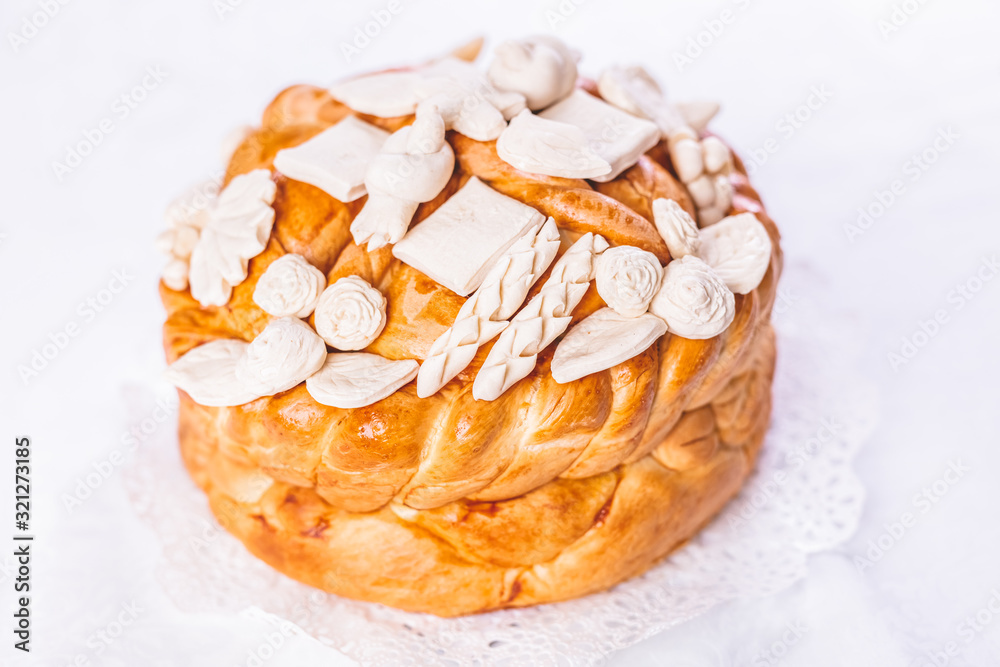 Decorated bread for celebration a saint in Orthodox faith. Serbian ...