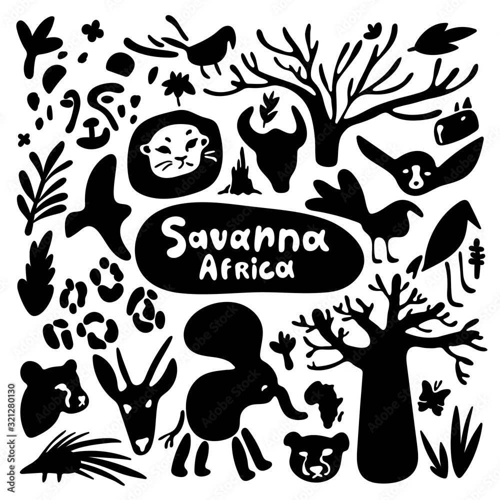 Stylized animals of the savannah in Africa. Black and white icons in ...
