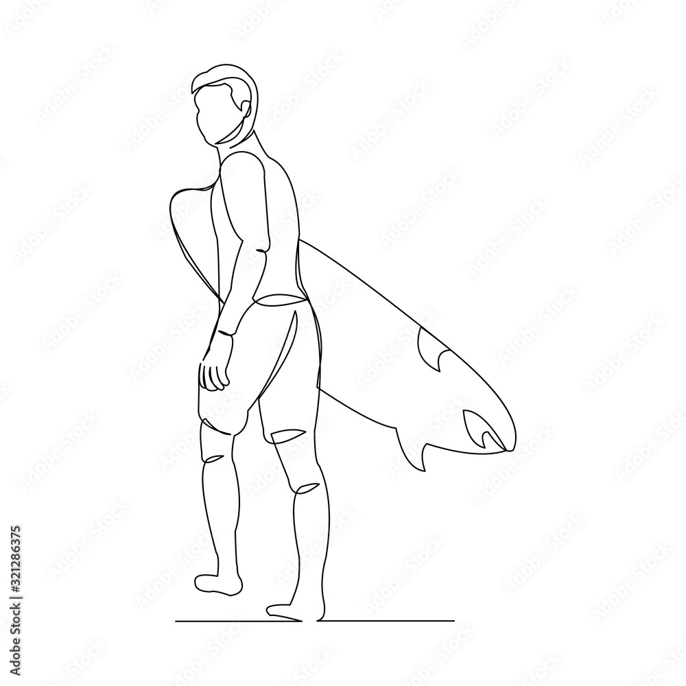 Continuous line drawing of sport man holding surfboard from back view ...
