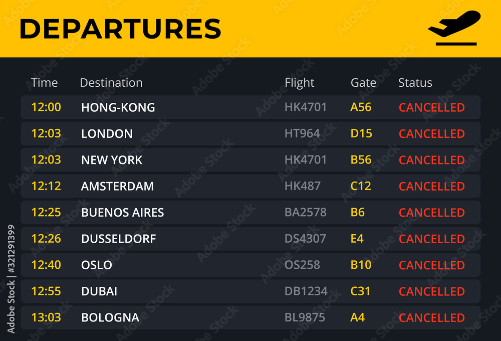 Departure board with all flights cancelled status. Airport schedule ...