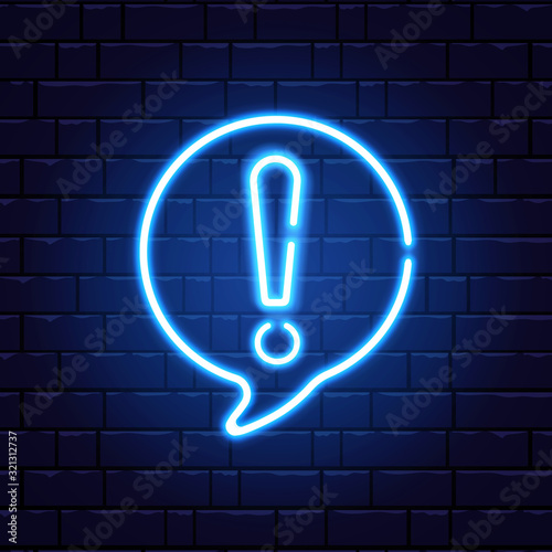 Neon exclamation mark. Glowing quiz banner. Color neon banner on brick ...