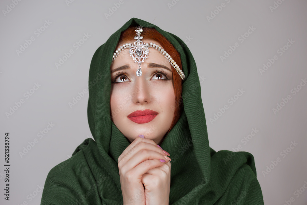 Cry. Woman praying. Beauty queen beautiful woman girl oriental tikka ...