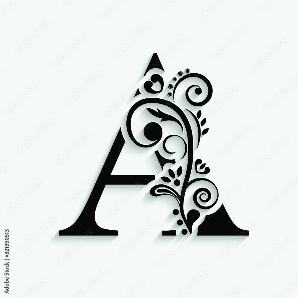 letter A. Black flower alphabet. Beautiful capital letters with shadow ...