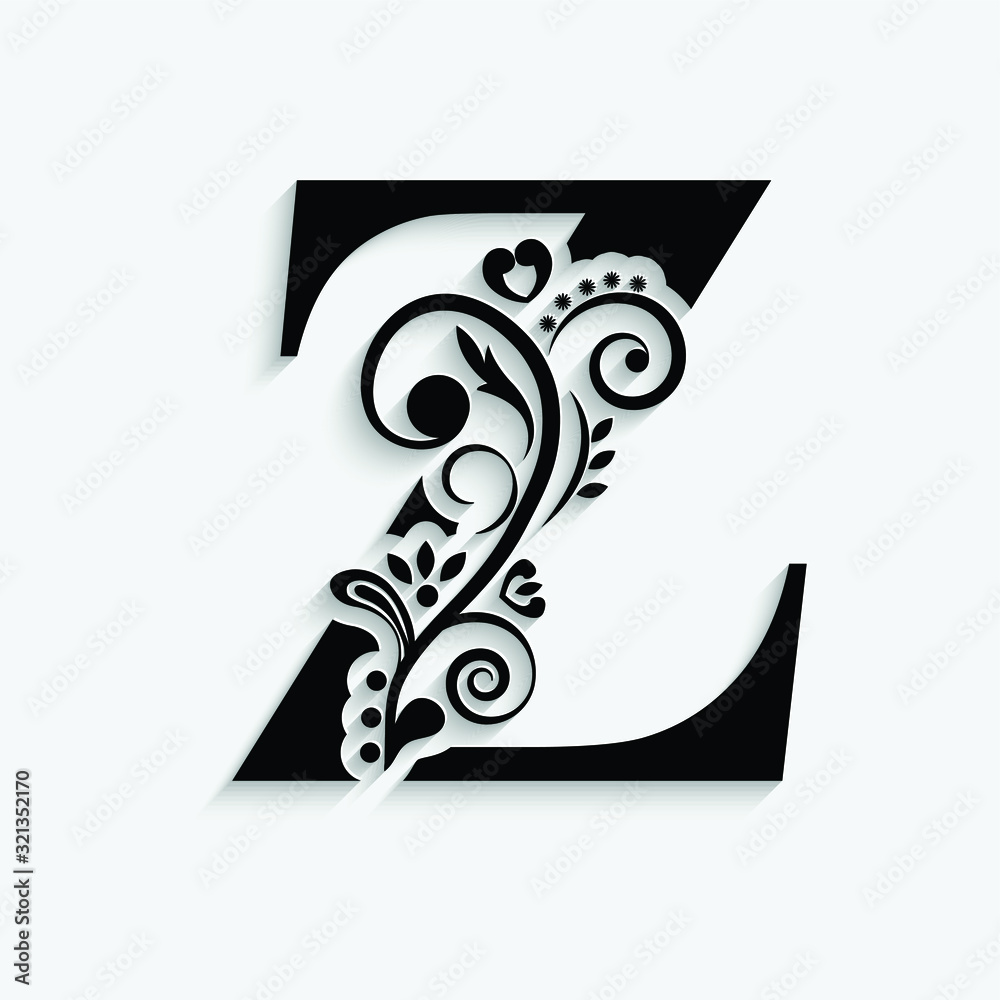 letter Z. Black flower alphabet. Beautiful capital letters with shadow ...