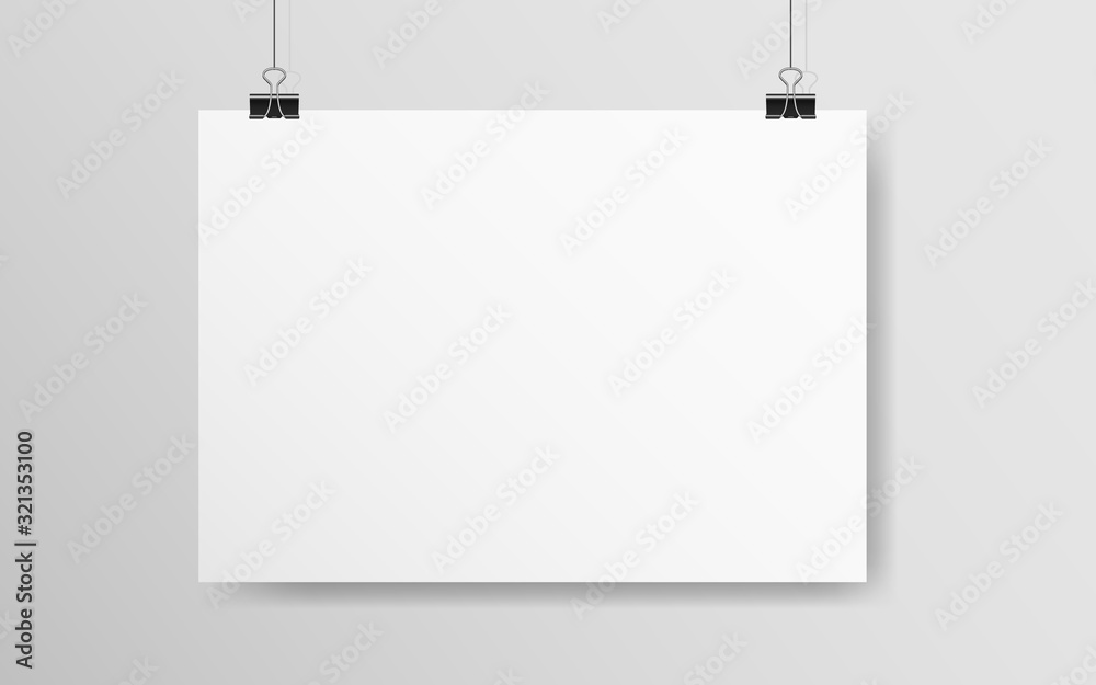 White horizontal poster mockup. Empty A4 paper hanging on a wall. Light ...