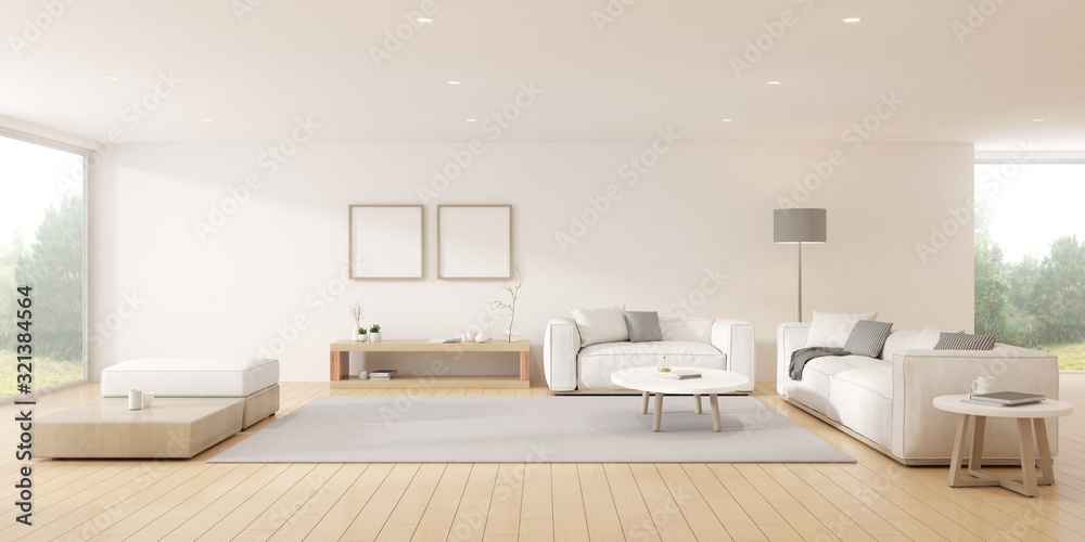 Perspective of modern living room with bright furniture and white sofa ...