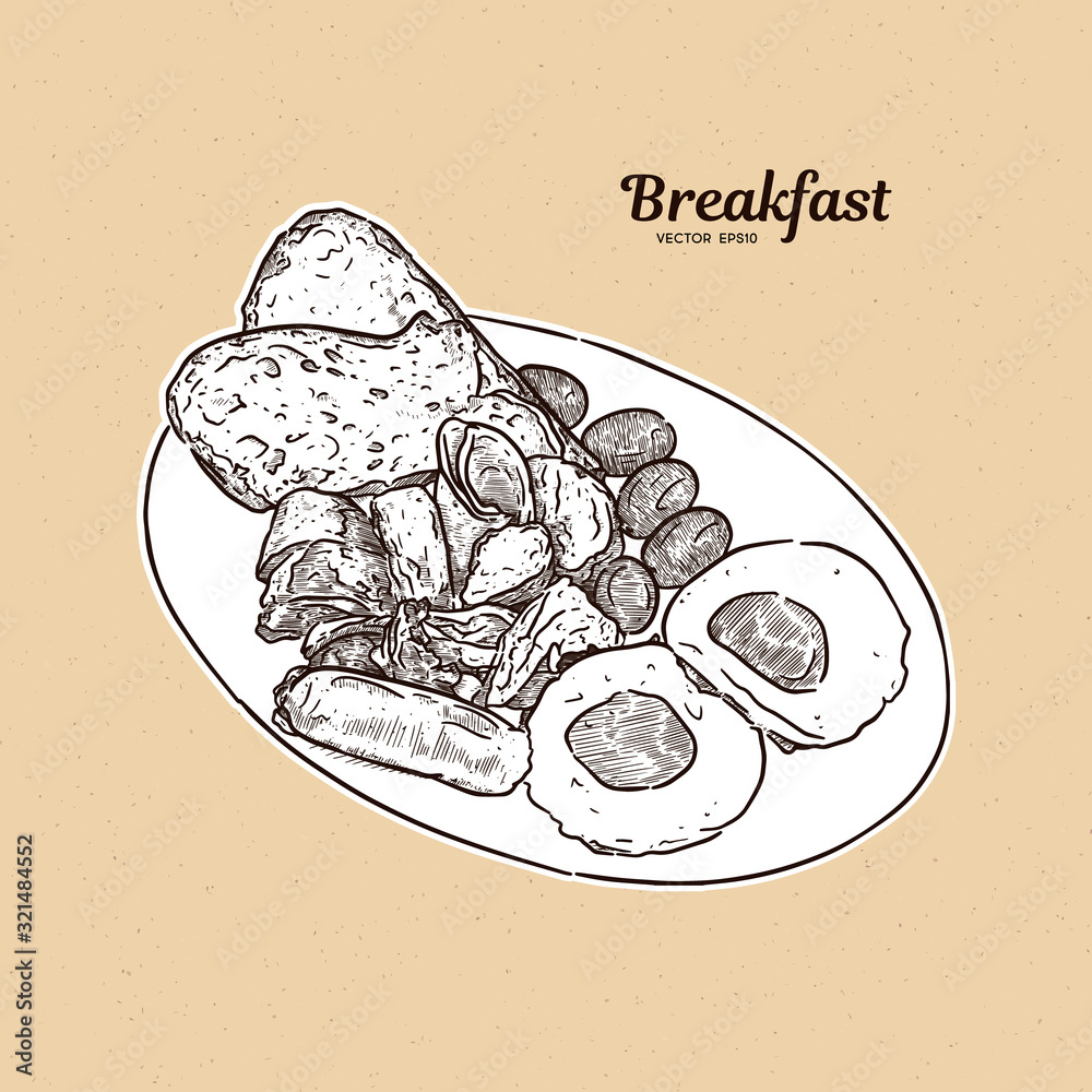 Breakfast plate with sausages, eggs, ham, toast, grilled potatoes and ...
