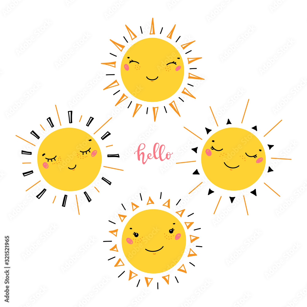 Cute Kawaii Sun Icon Vector Set. Hand Drawn Doodle Different Funny ...