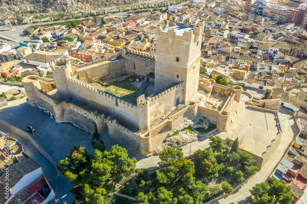 Aerial view of Atalaya castle over Villena Spain. The fortress has ...