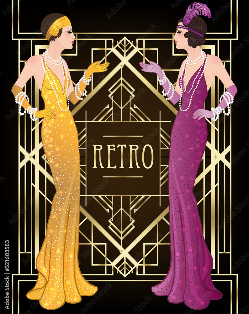 Female hand holding cocktail glass with splash. Art deco 1920s style ...