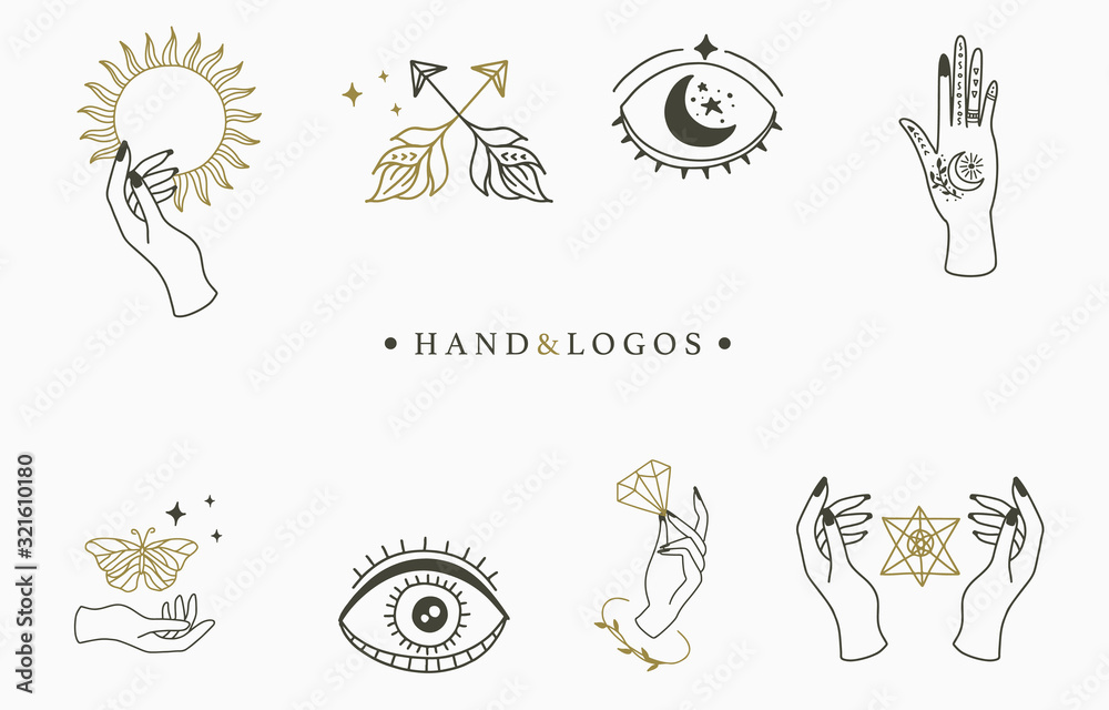 Beauty occult logo collection with hand,geometric,crystal,moon,eye,star ...