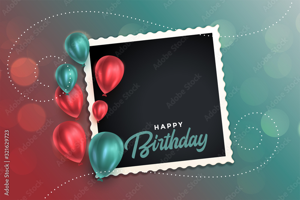 beautiful happy birthday card with balloons and photo frame Stock ...