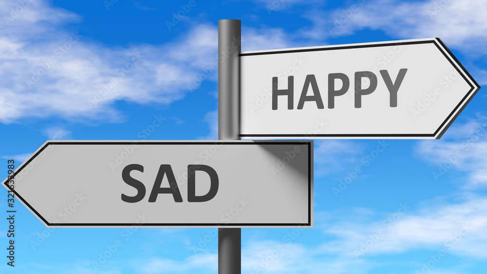 Sad and happy as a choice - pictured as words Sad, happy on road signs ...