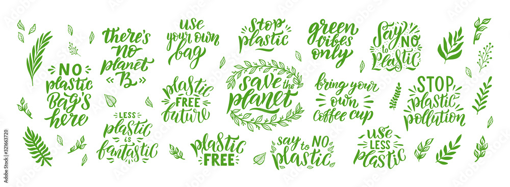 Save the planet hand drawn lettering set with leaves. Plastic free ...