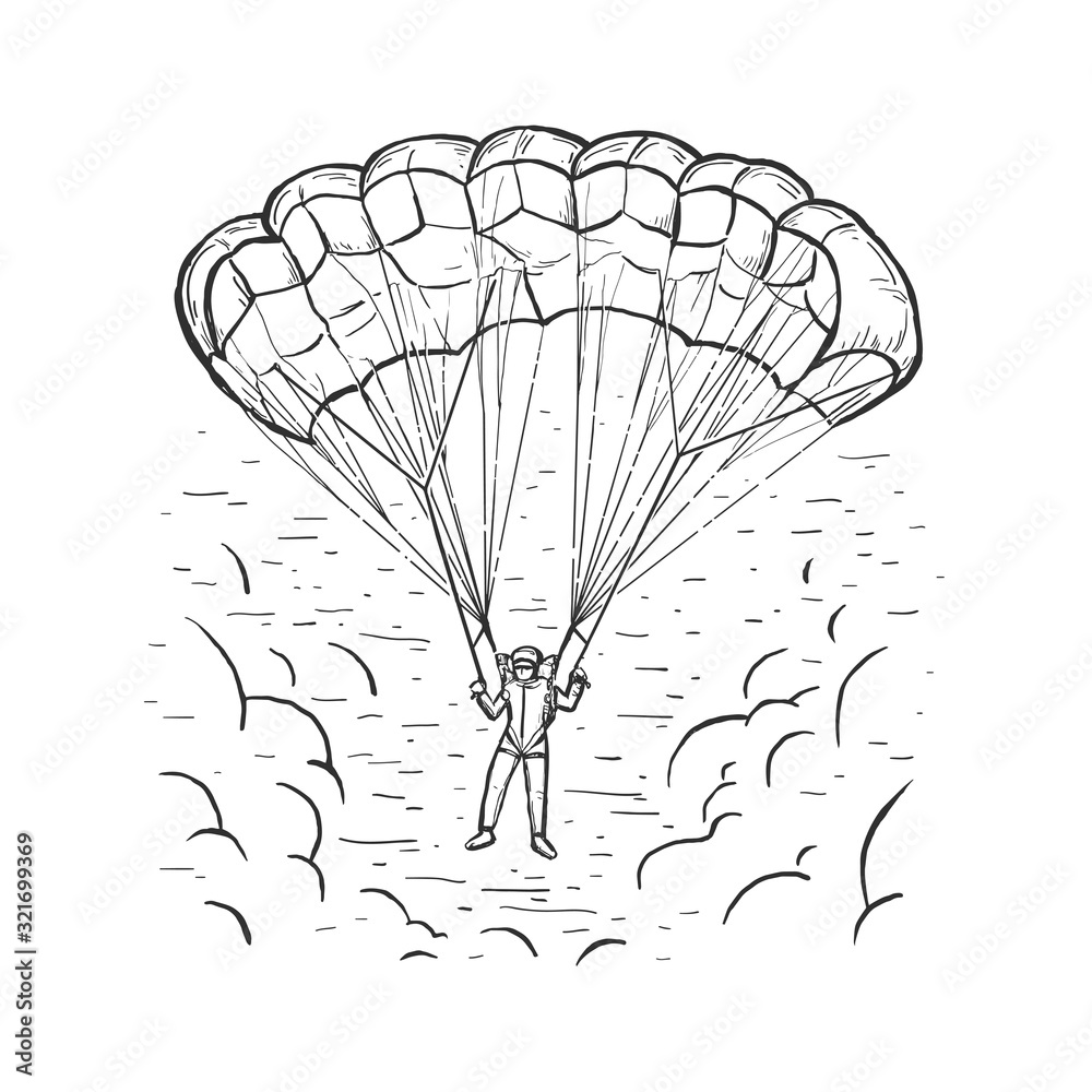 Sketch vector color illustration with hand drawn skydiver flying with a ...