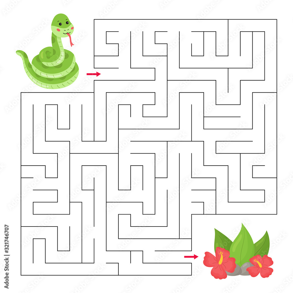 Vector de Stock Labyrinth for children. Maze game with cute cartoon snake and tropical plants ...