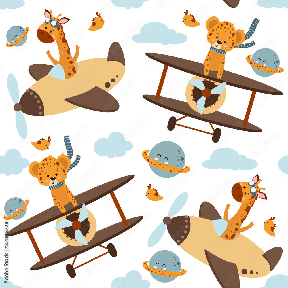 seamless pattern with animals and airplanes in the sky - vector ...