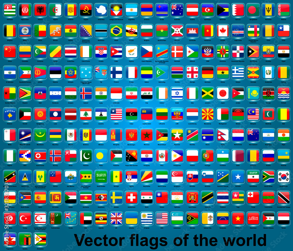 Set of flags of countries around the world on a blue background. Icons ...