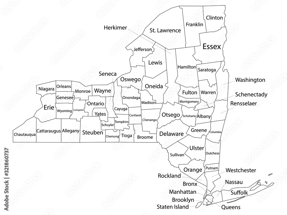 White Outline Counties Map With Counties Names of US State of New York ...