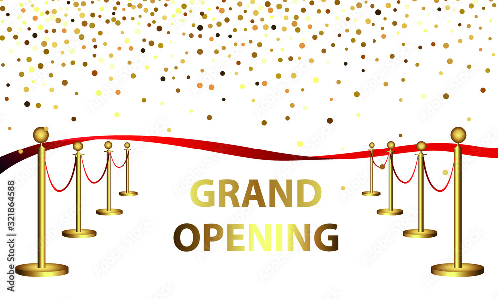 Grand opening. Golden confetti and red silk ribbon on a black ...