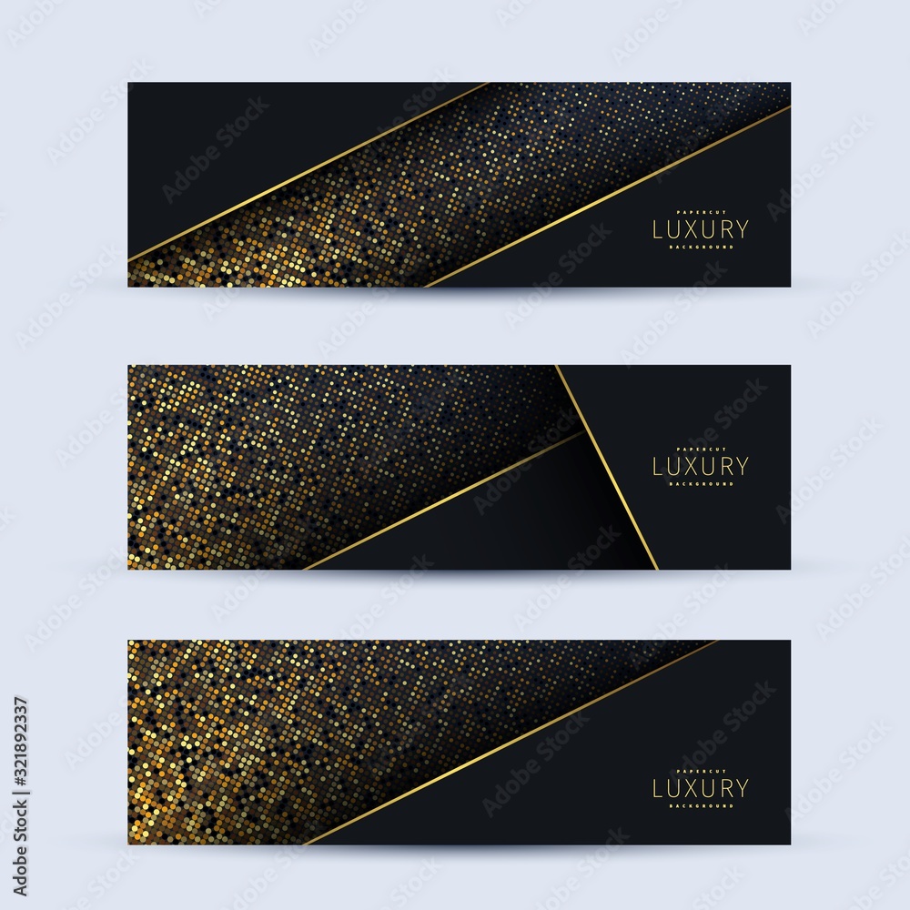 Set of three abstract geometric banners with black paper layers ...